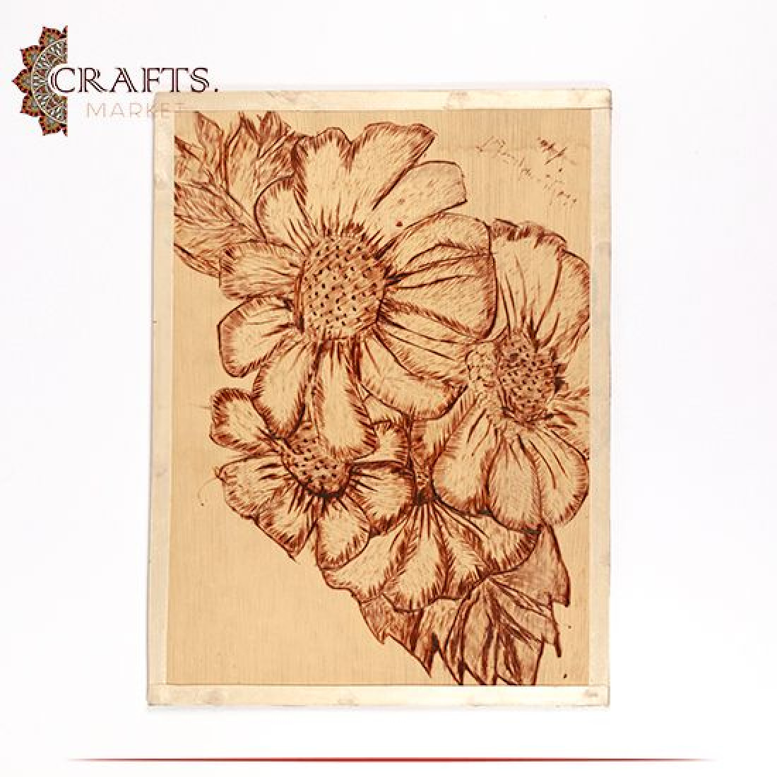 Wooden Pyrography Art " Flowers " Design Wall Hanging