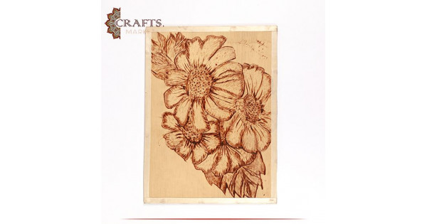 Wooden Pyrography Art " Flowers " Design Wall Hanging