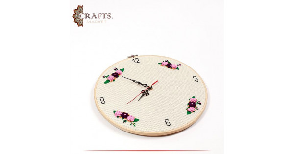 Handcrafted Beige Fabric Wall Clock Decorated with embroidery