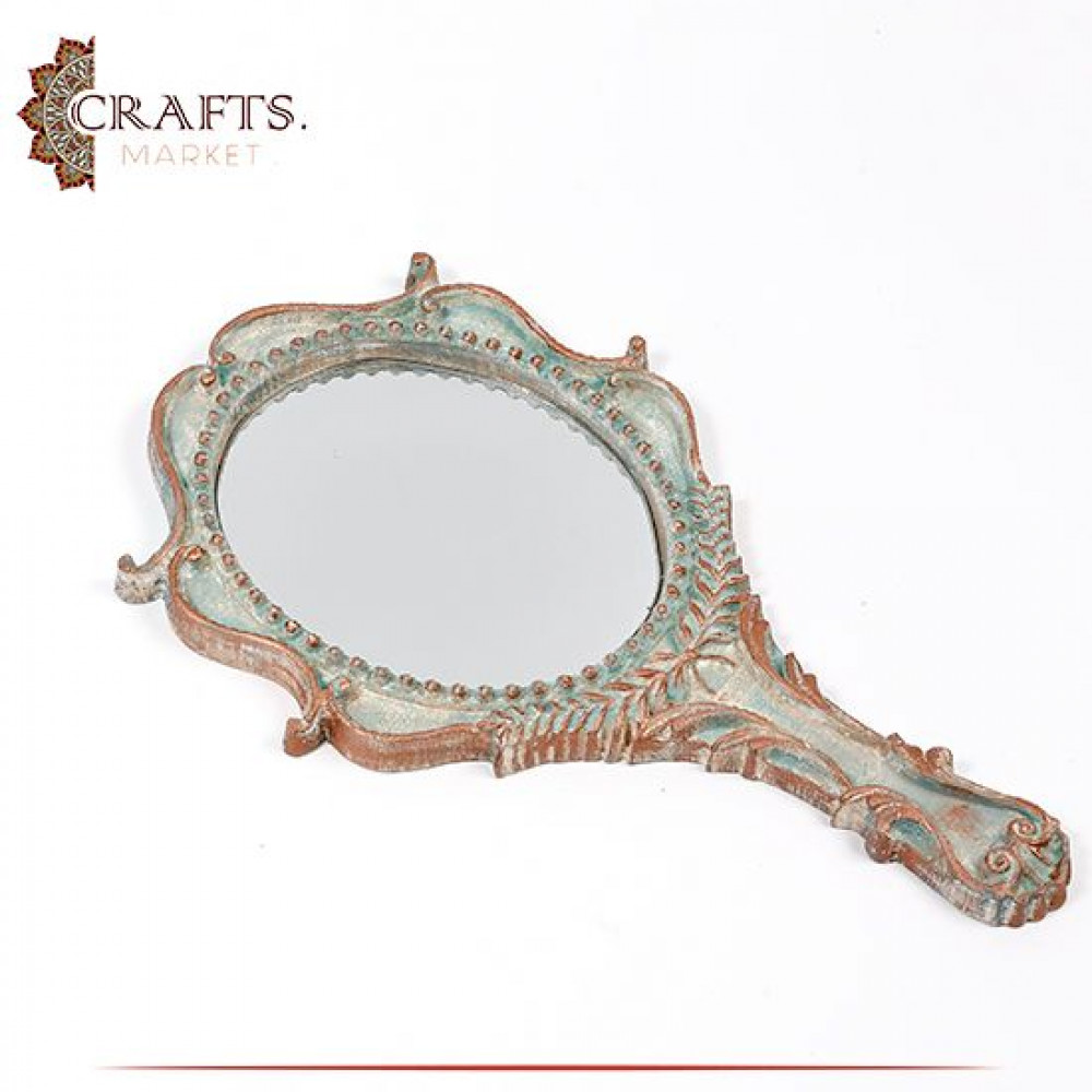 Handmade Handheld Wooden Mirror Turquoise
