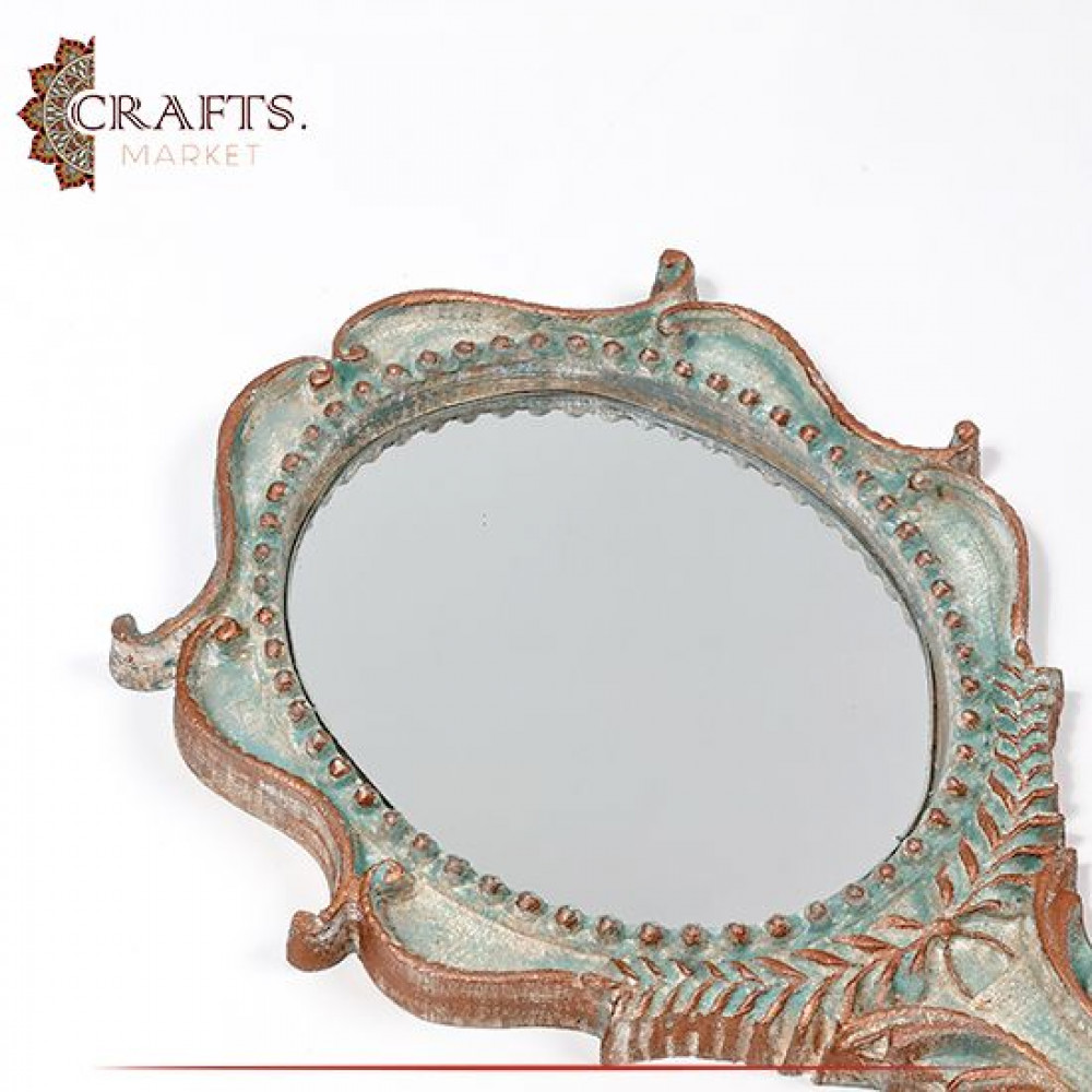 Handmade Handheld Wooden Mirror Turquoise