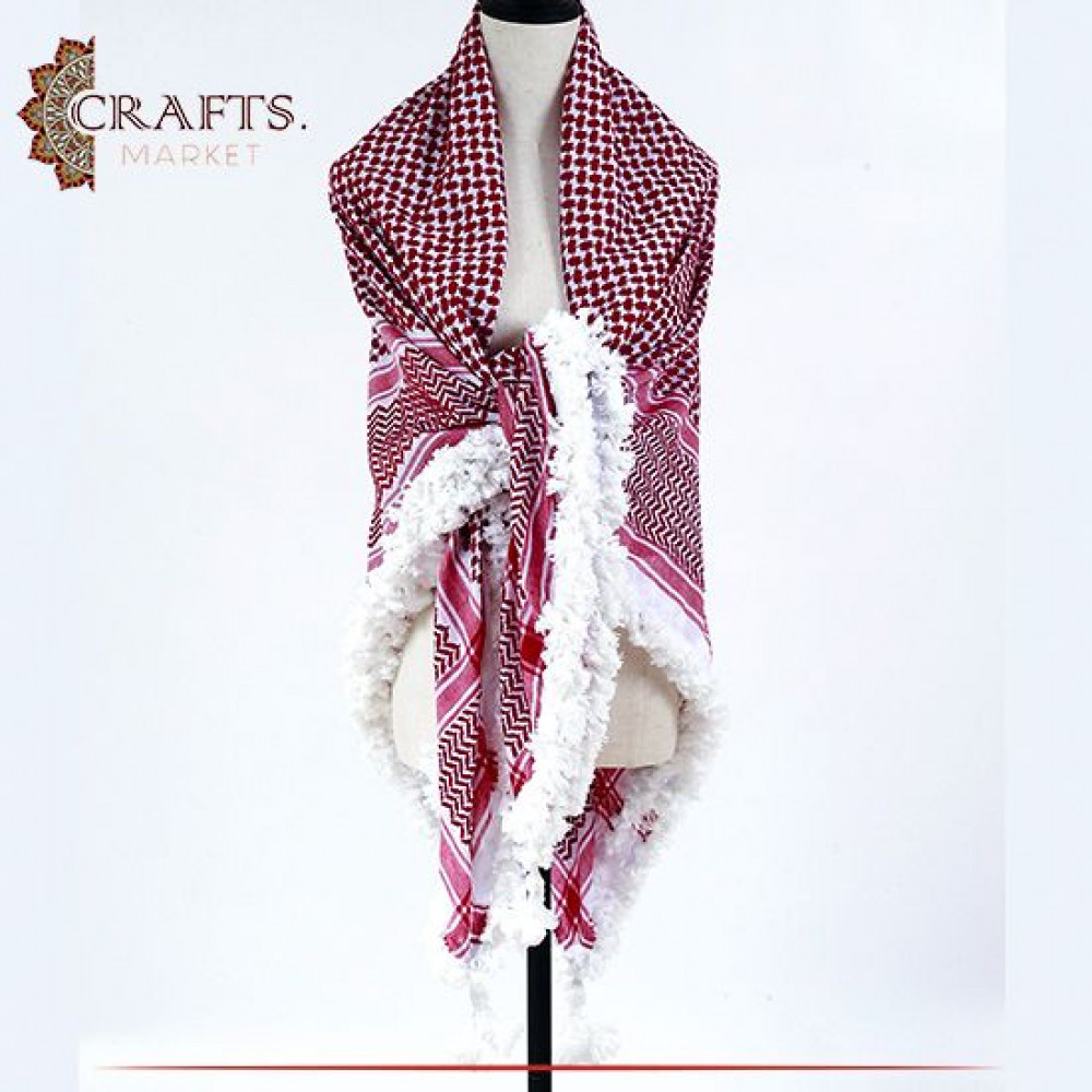 White & Red Shemagh knitted and fringed by hand