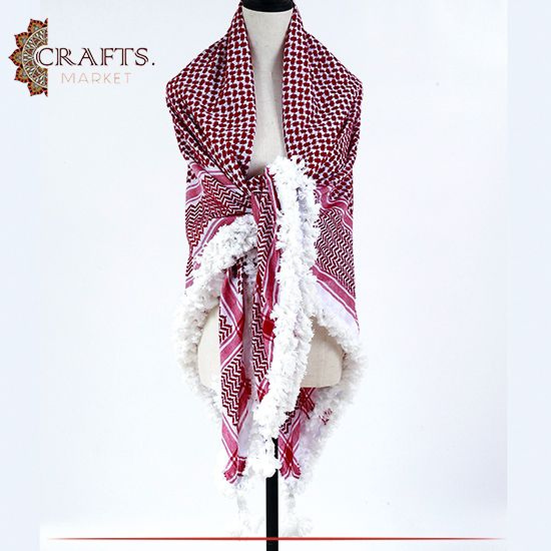 White & Red Shemagh knitted and fringed by hand