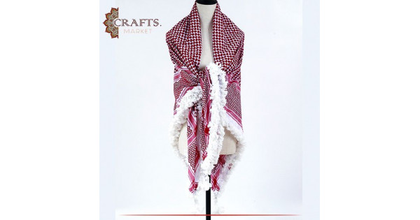 White & Red Shemagh knitted and fringed by hand
