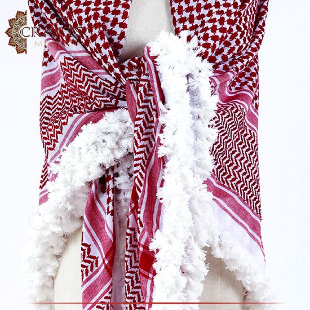 White & Red Shemagh knitted and fringed by hand