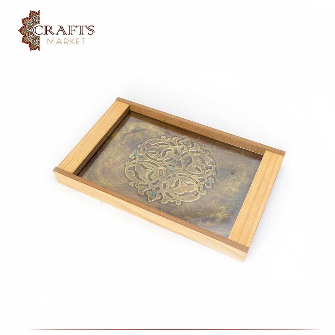 Wooden serving tray decorated with copper and beads | Crafts.Market