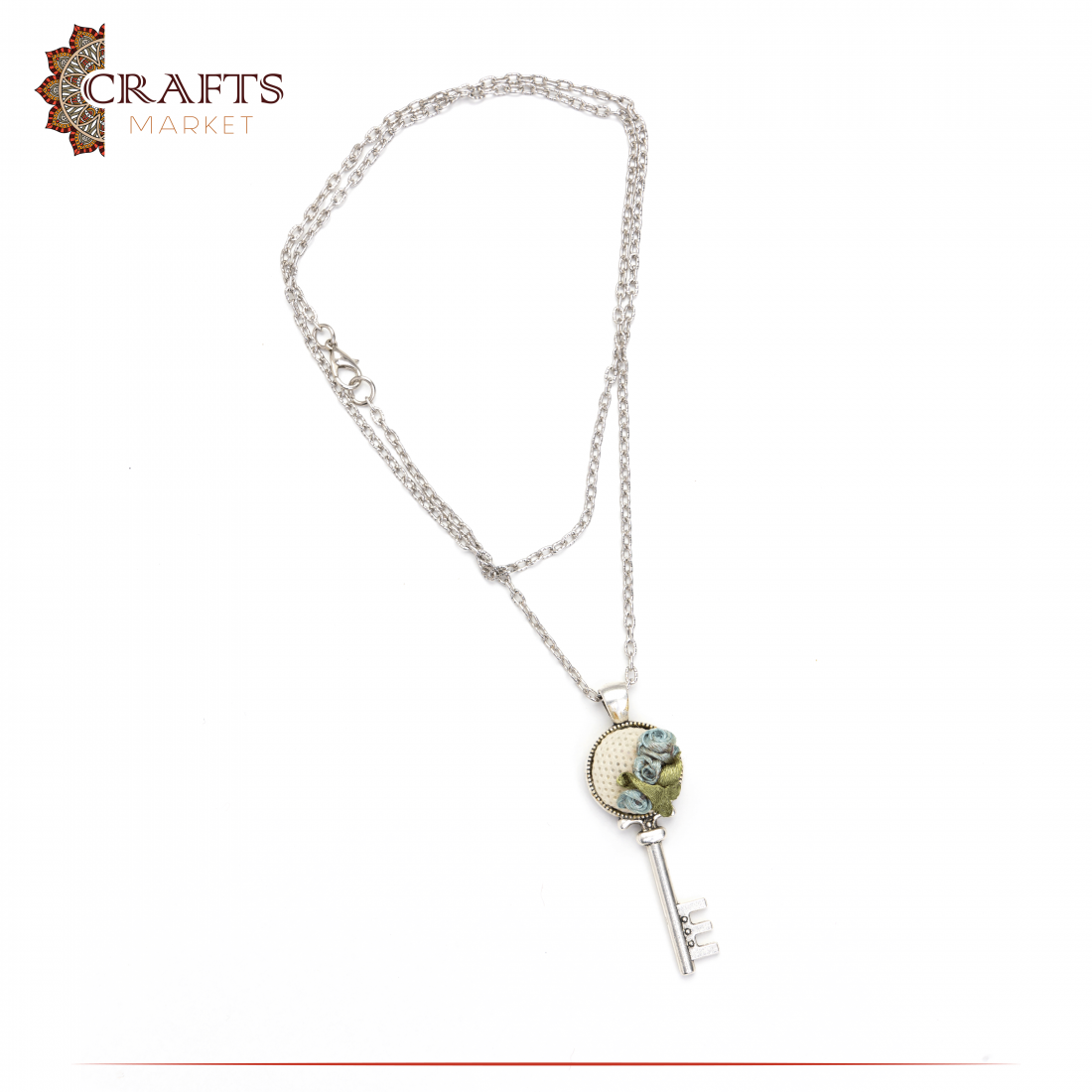Handmade Silver Toned Base Metal Necklace in a "Key" Shape, "Roses" Design