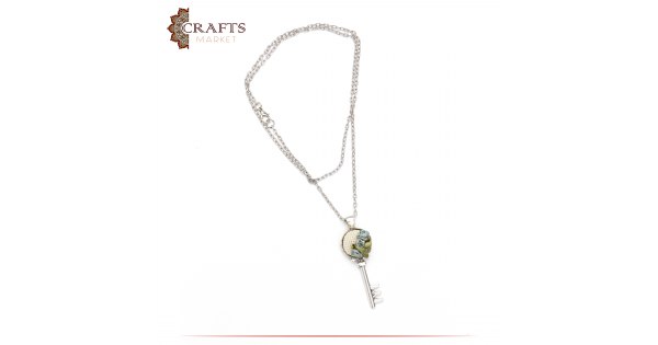 Handmade Silver Toned Base Metal Necklace in a "Key" Shape, "Roses" Design