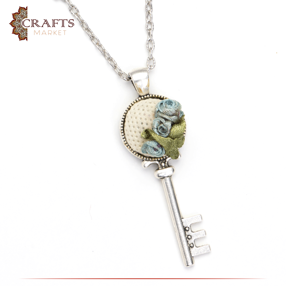 Handmade Silver Toned Base Metal Necklace in a "Key" Shape, "Roses" Design