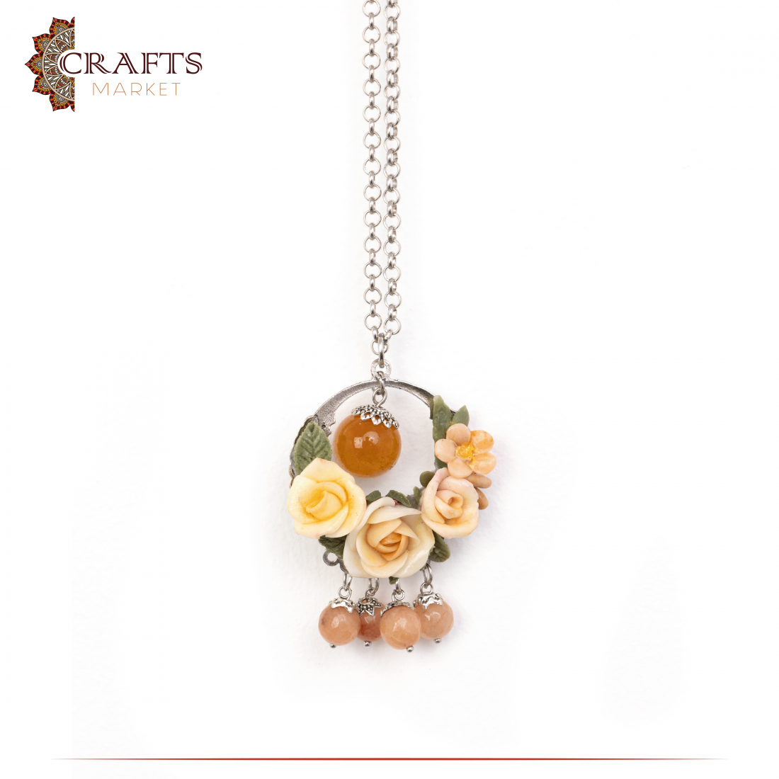 Handmade Silver Tone Women's Necklace adorned with Multi-Color "Flowers"