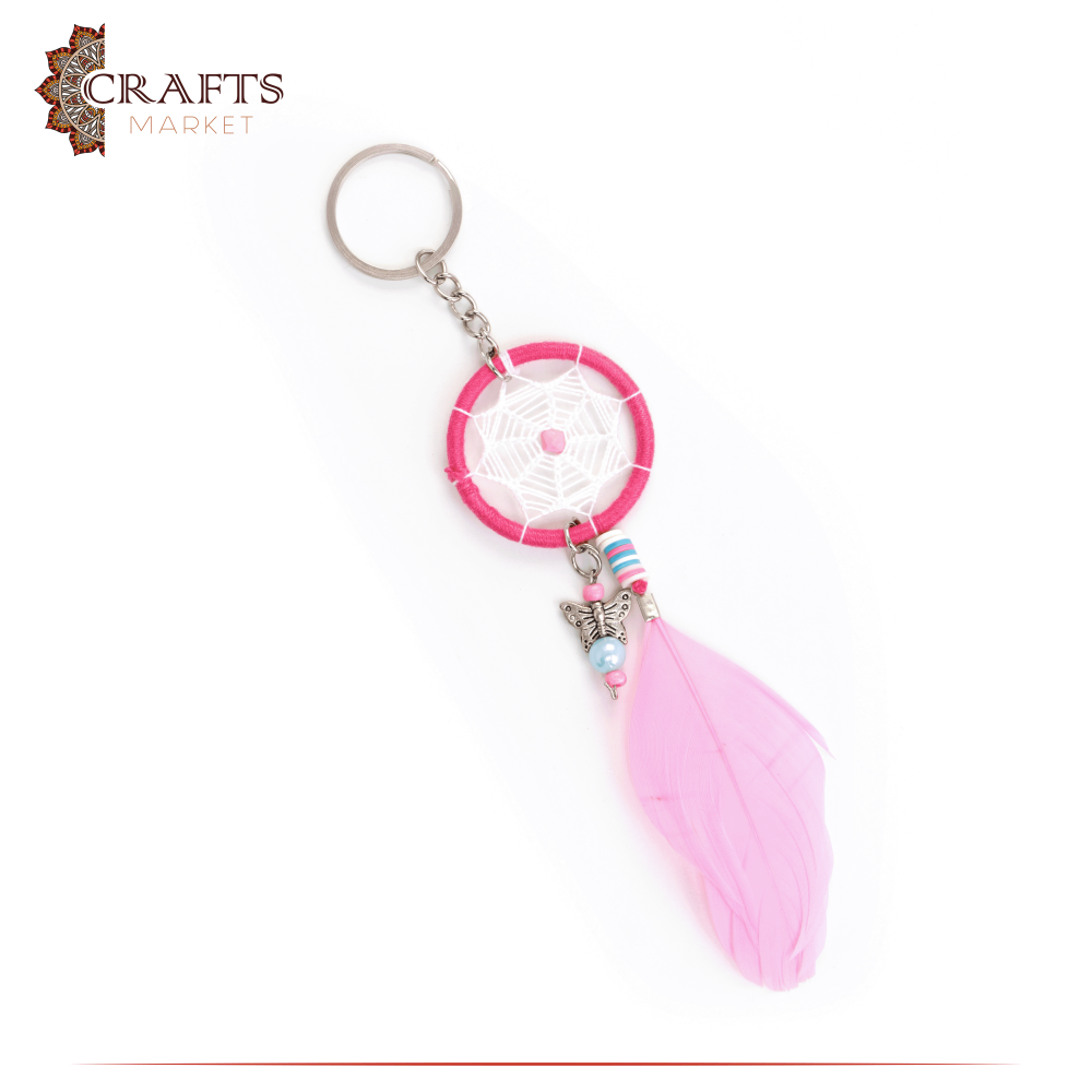 Handmade Pink Silk Key Chain in a "Dreamcatcher" Design