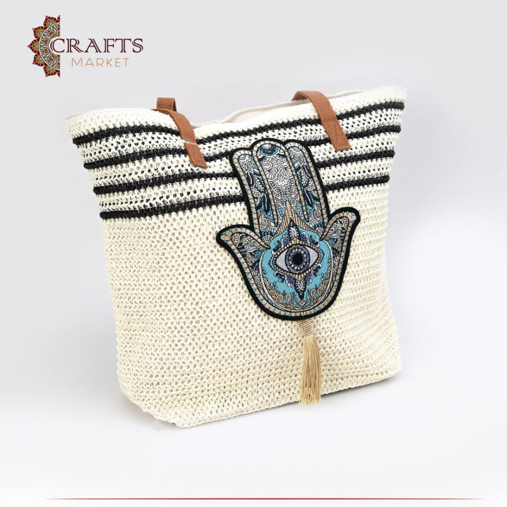 Handmade Beige straw bag with blue palm design | Crafts.Market
