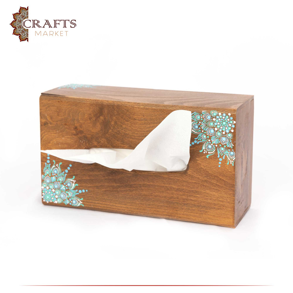 Hand-painted wooden tissue box adorned with dotting art "Mandala" design